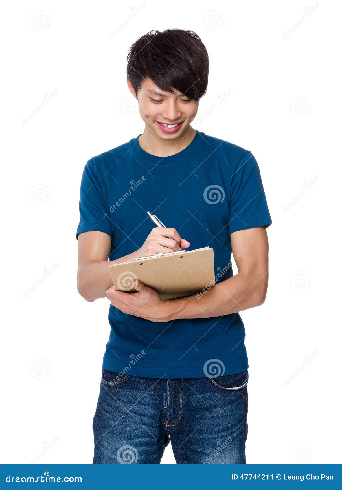 Young Man Write on Clipboard Stock Image - Image of blue, clothes: 47744211