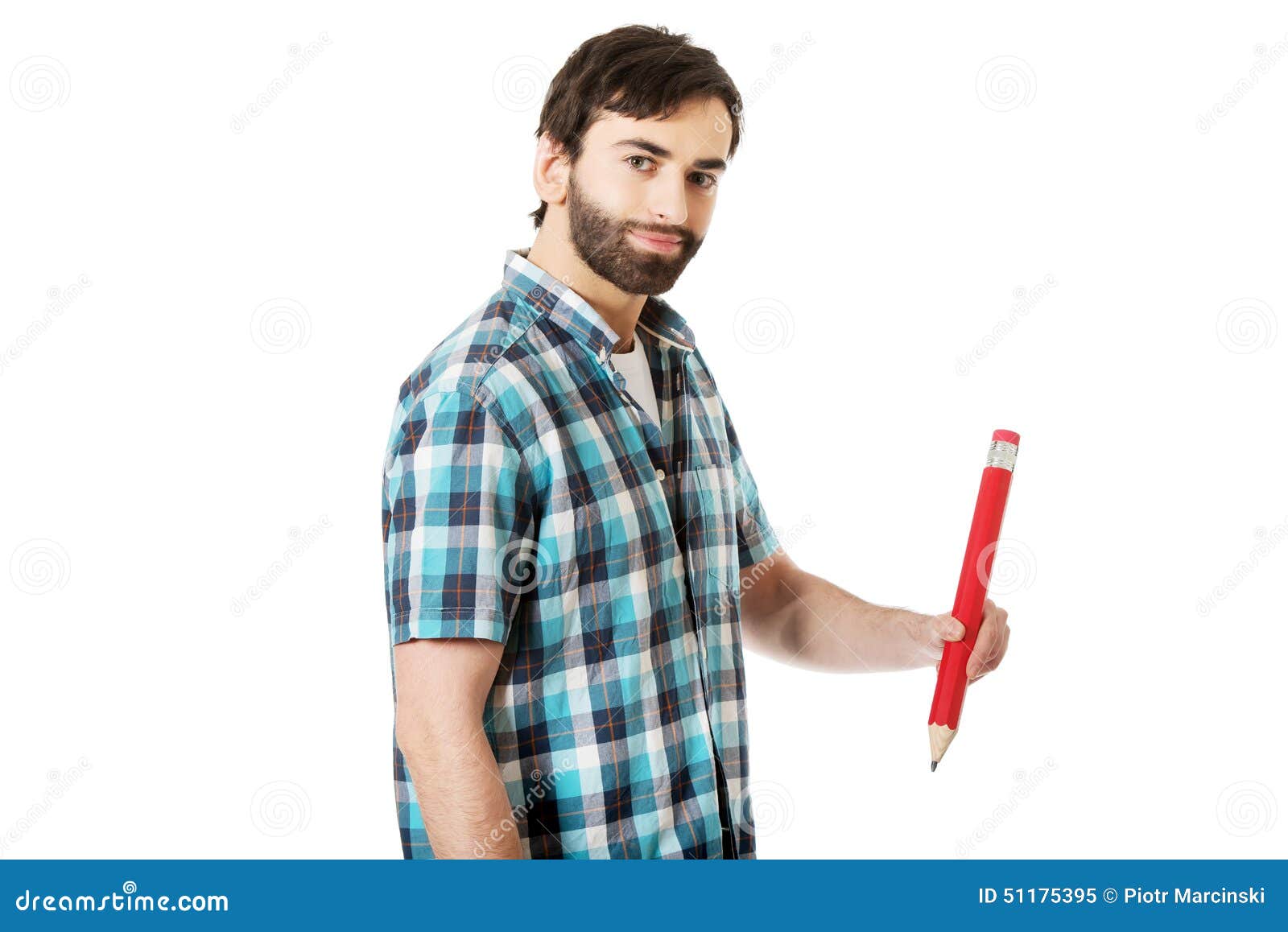 Young Man Writing with Big Red Pencil. Stock Image - Image of hand ...