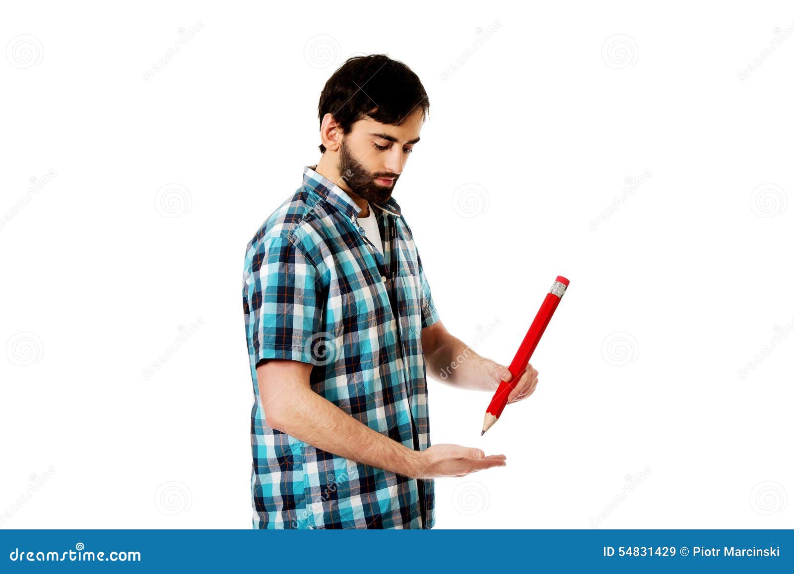 Young Man Writing with Big Red Pencil. Stock Image - Image of smiling ...