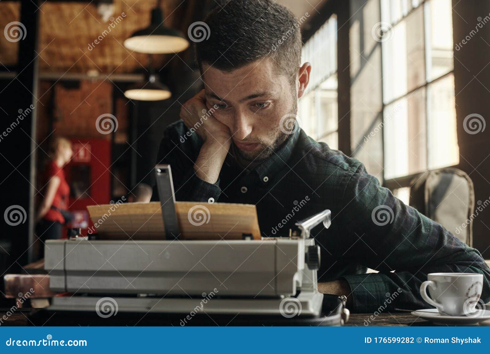 Young Man Writing on Old Typewriter. Stock Photo - Image of handsome ...