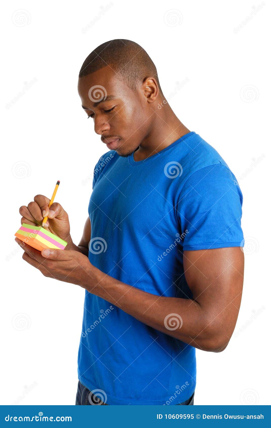 Young Man Writing on Pack of Post Its Notes Stock Image - Image of ...
