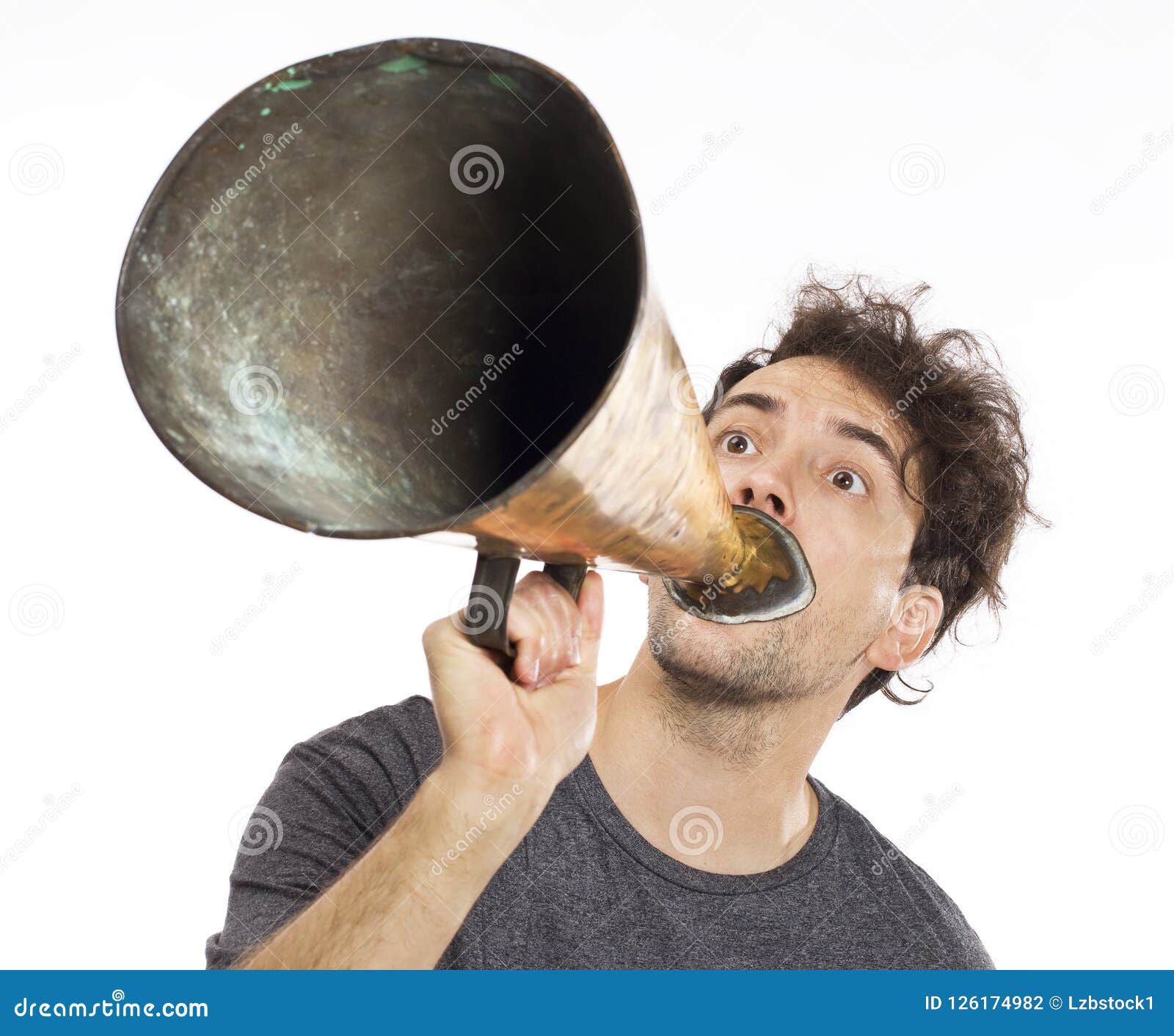 Young Man Yelling into a Retro Megaphone Stock Photo - Image of holding ...