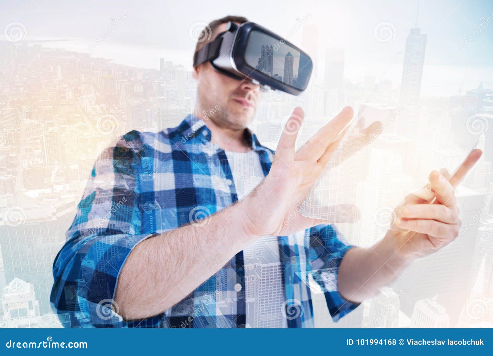 Young Man Zooming in Content on Transparent Tablet Stock Photo - Image ...