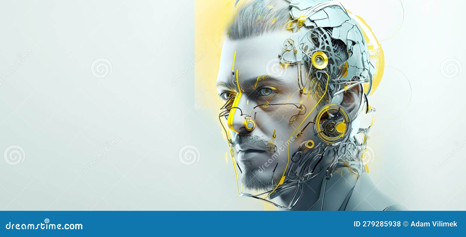 Young Mans Face with Futuristic Interface and Human Brain Upgrades with ...