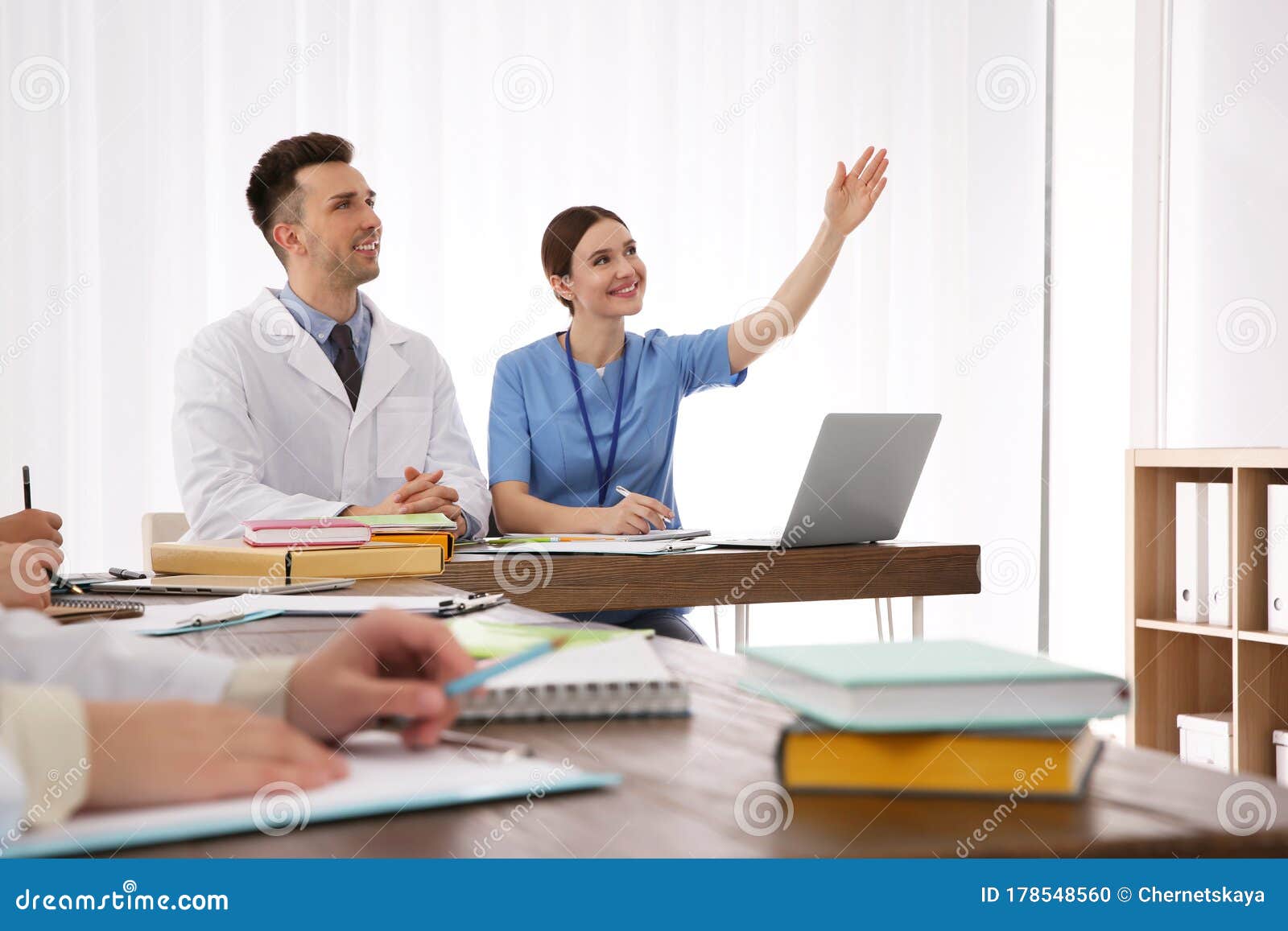 Medical Students at Desk in Classroom Stock Photo - Image of happy ...
