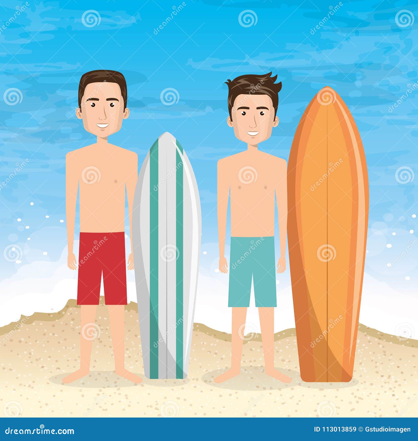 Young Men In The Beach With Surfboard Stock Vector Illustration Of