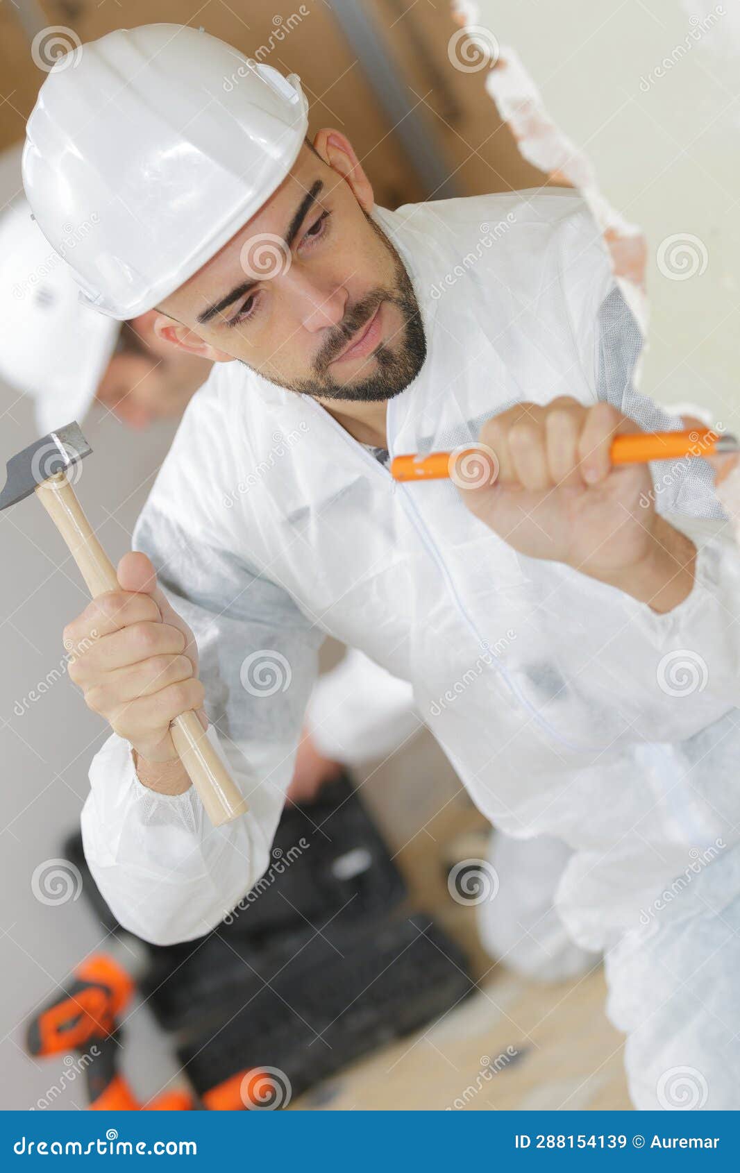 Young Man Contactor with Chisel and Hammer Stock Image - Image of ...