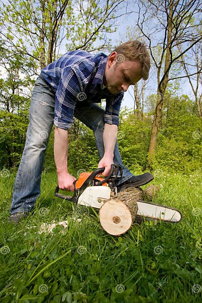 Young men is cutting wood stock image. Image of male, chainsaw - 5335463