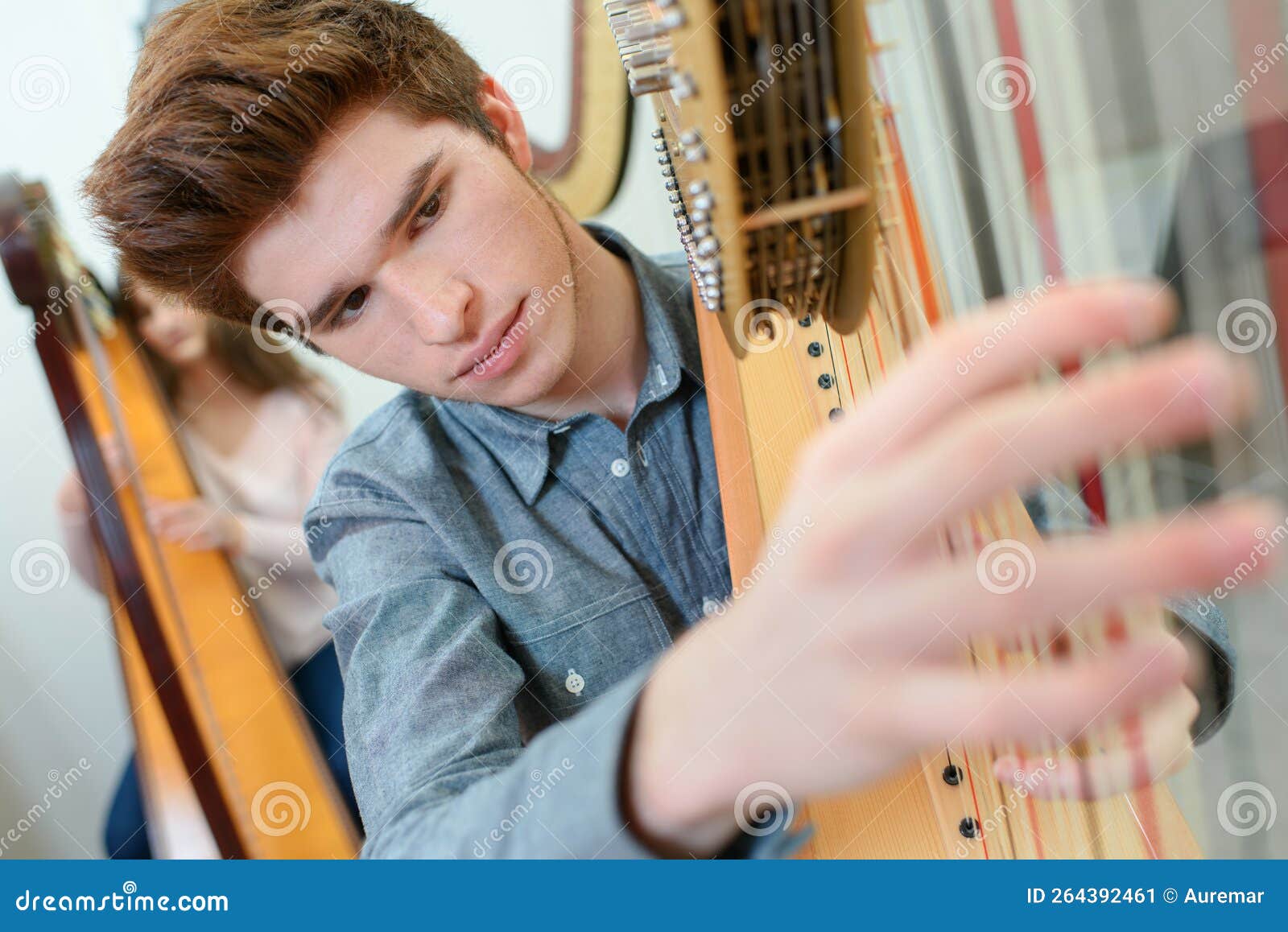 Young man playing harp stock image. Image of music, expressing - 264392461