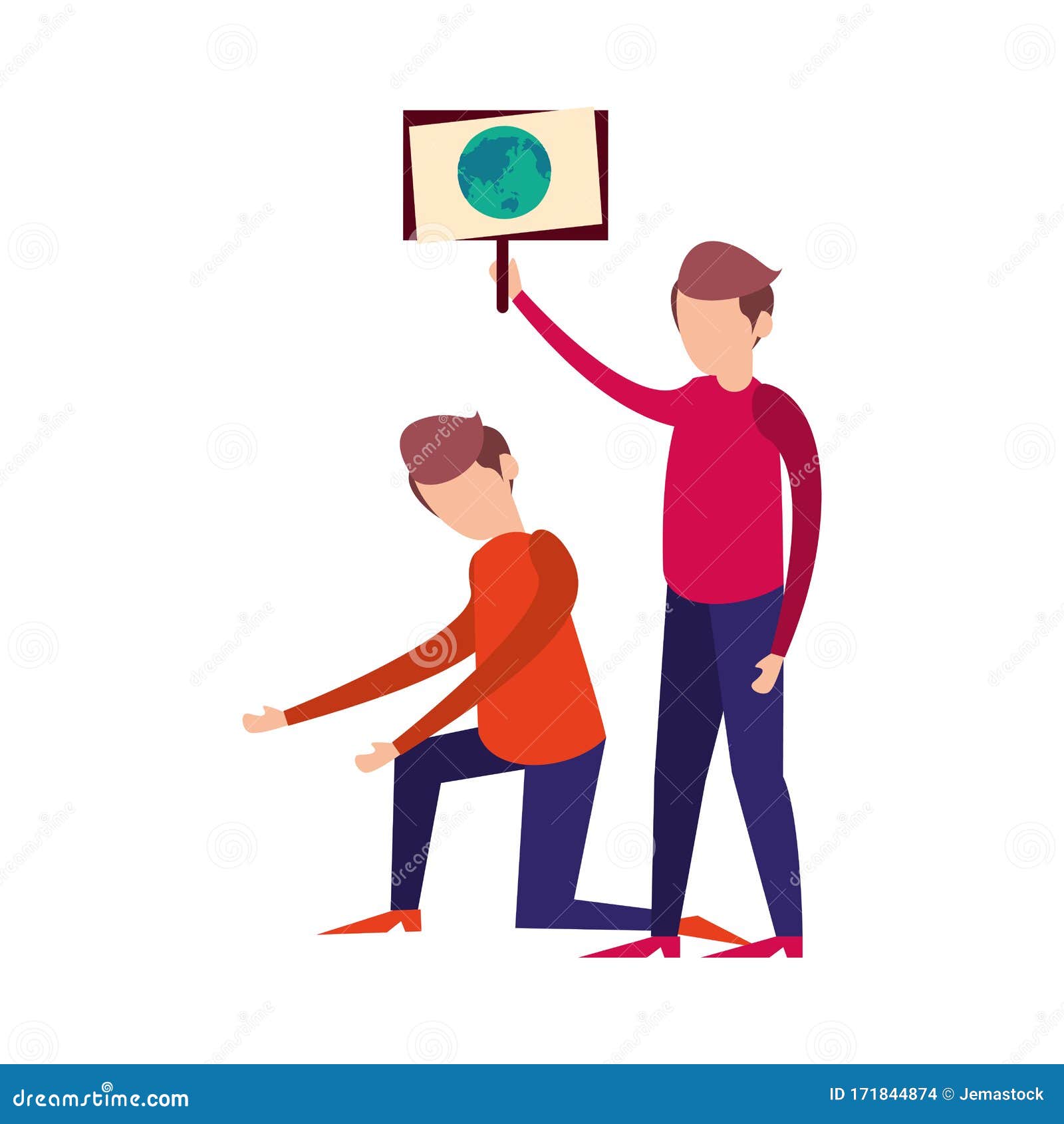 Young Men Protesting with Earth Planet in Label Characters Stock Vector ...