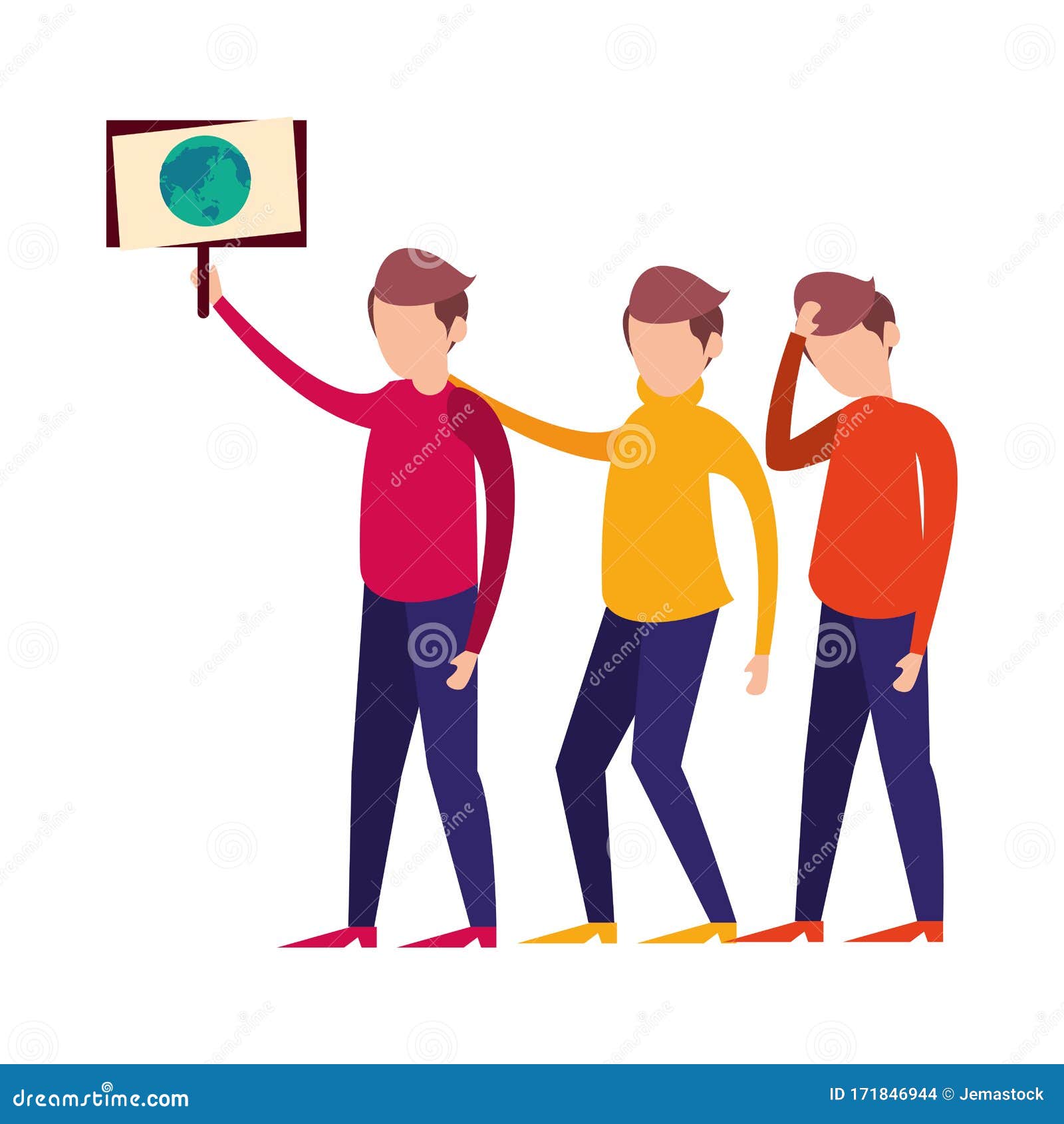Young Men Protesting with Earth Planet in Label Characters Stock Vector ...