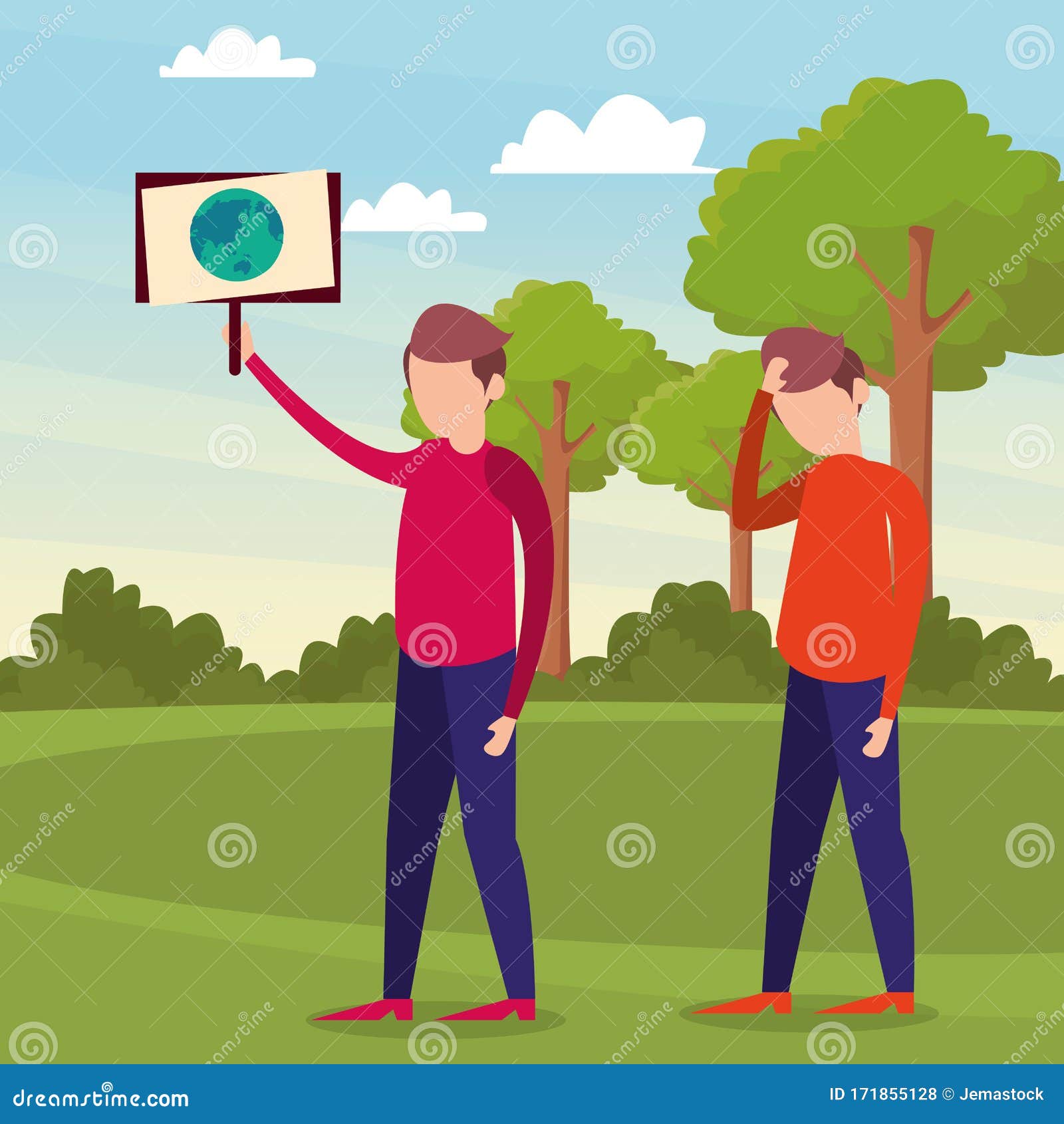 Young Men Protesting with Earth Planet in Label Characters Stock Vector ...