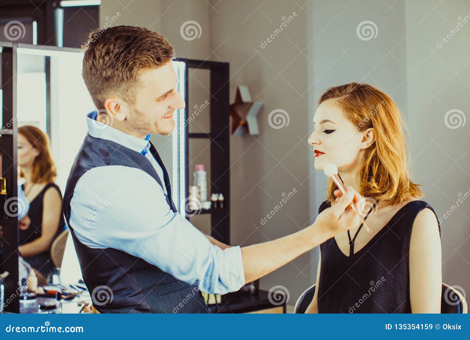 Young Woman in the Studio, Man Does Makeup Stock Image - Image of ...