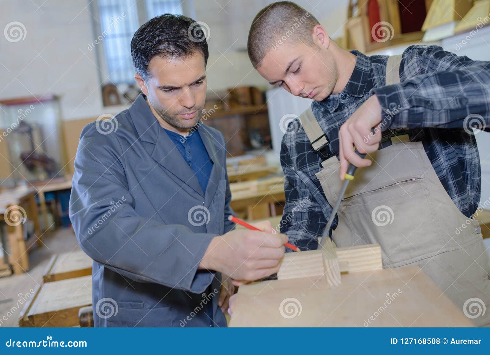 Young Men in Woodworking Room Stock Photo - Image of wooden, woodshop ...
