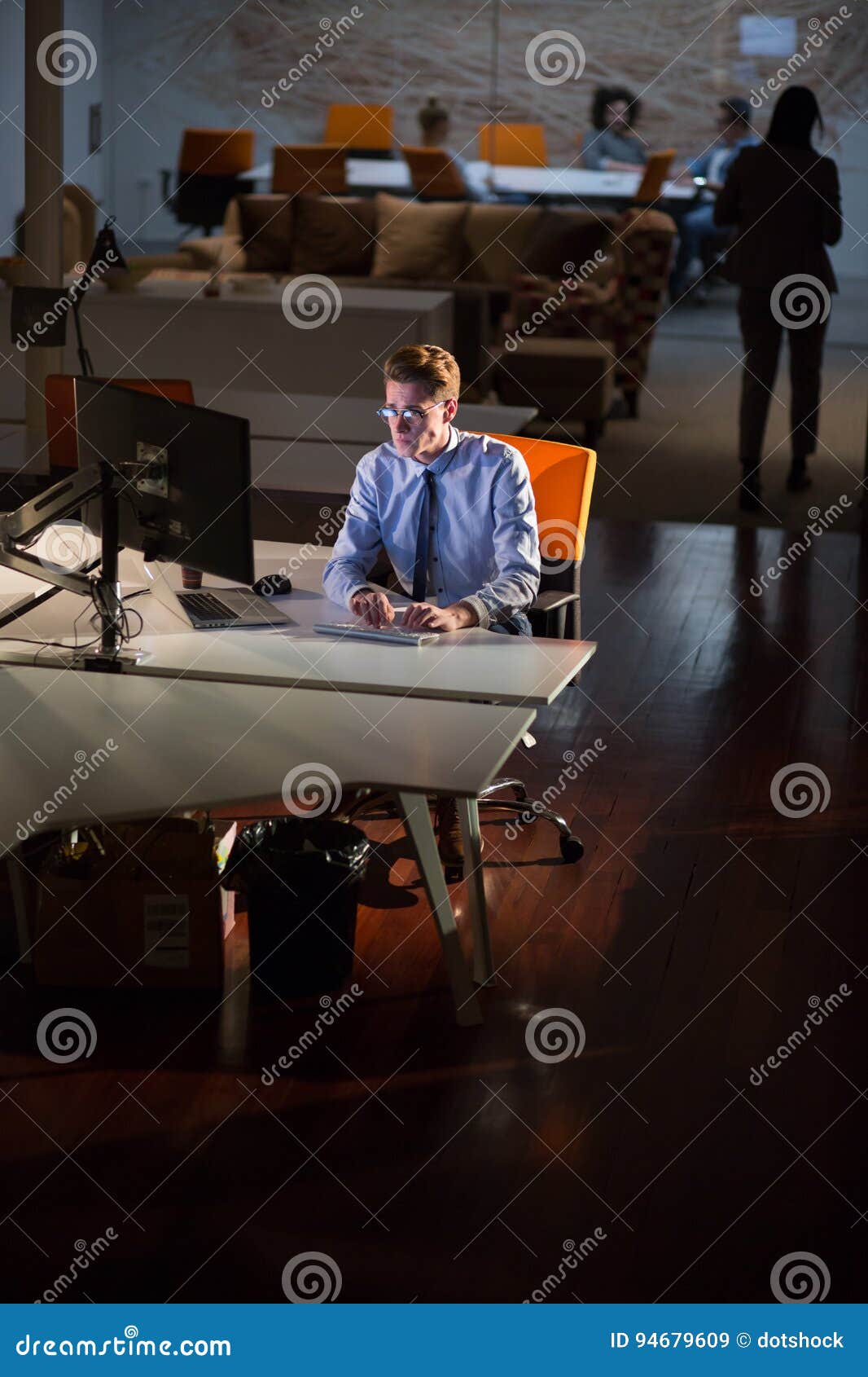 Man Working on Computer in Dark Office Stock Image - Image of designer ...