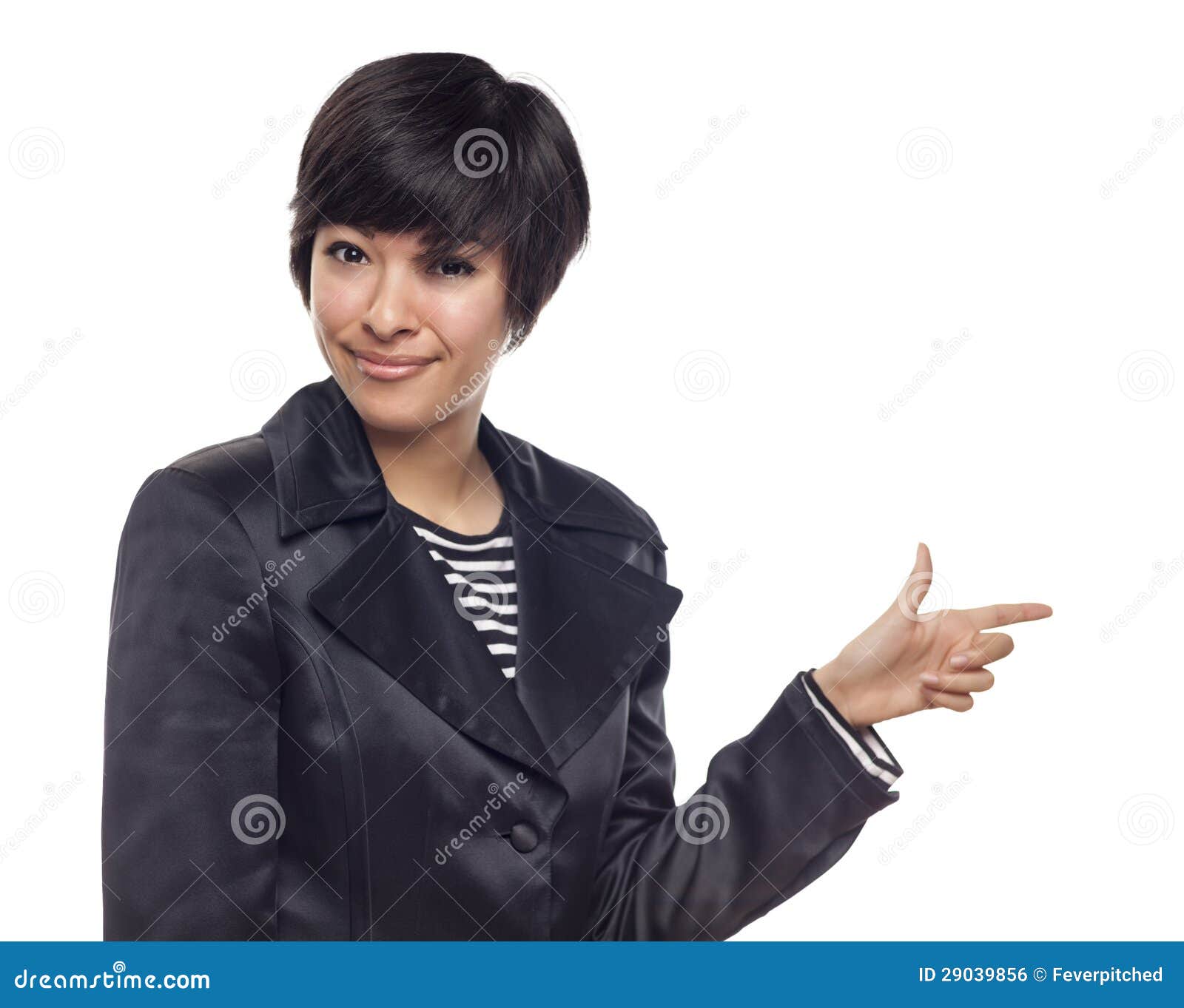 Young Mixed Race Woman Pointing To Side on White Stock Photo - Image of ...