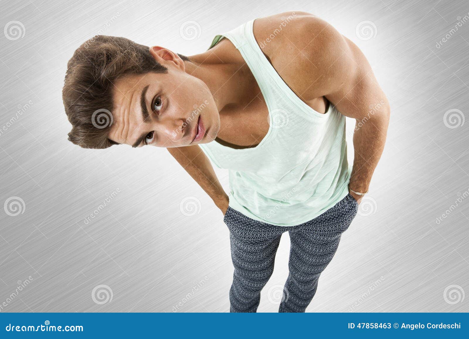 Young Model Man Looking with Curiosity from the Top Isolated Stock ...