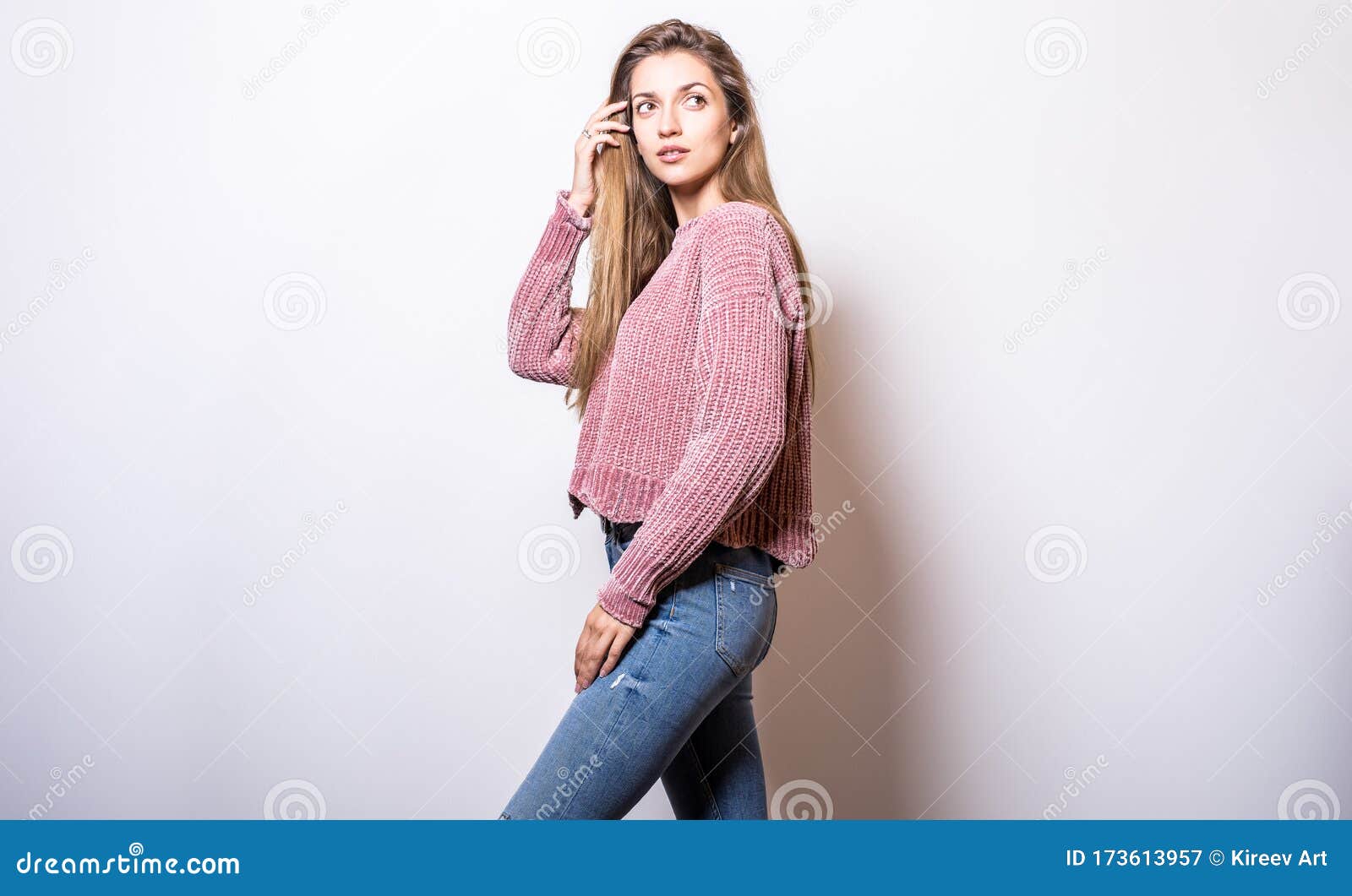 Young Model Woman in Sweater Pose in Studio. Stock Image - Image of ...