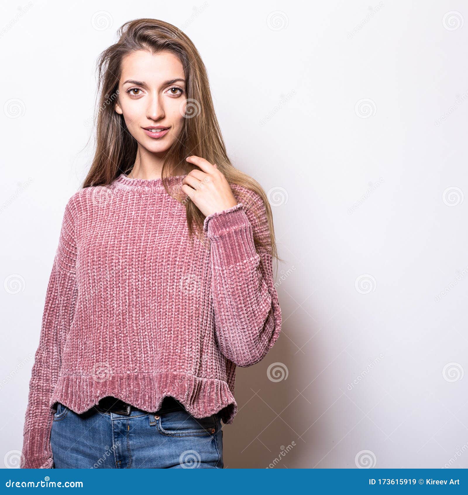 Young Model Woman in Sweater Pose in Studio. Stock Image - Image of ...