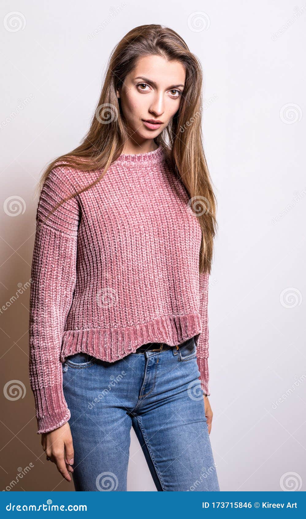 Young Model Woman in Sweater Pose in Studio. Stock Photo - Image of ...