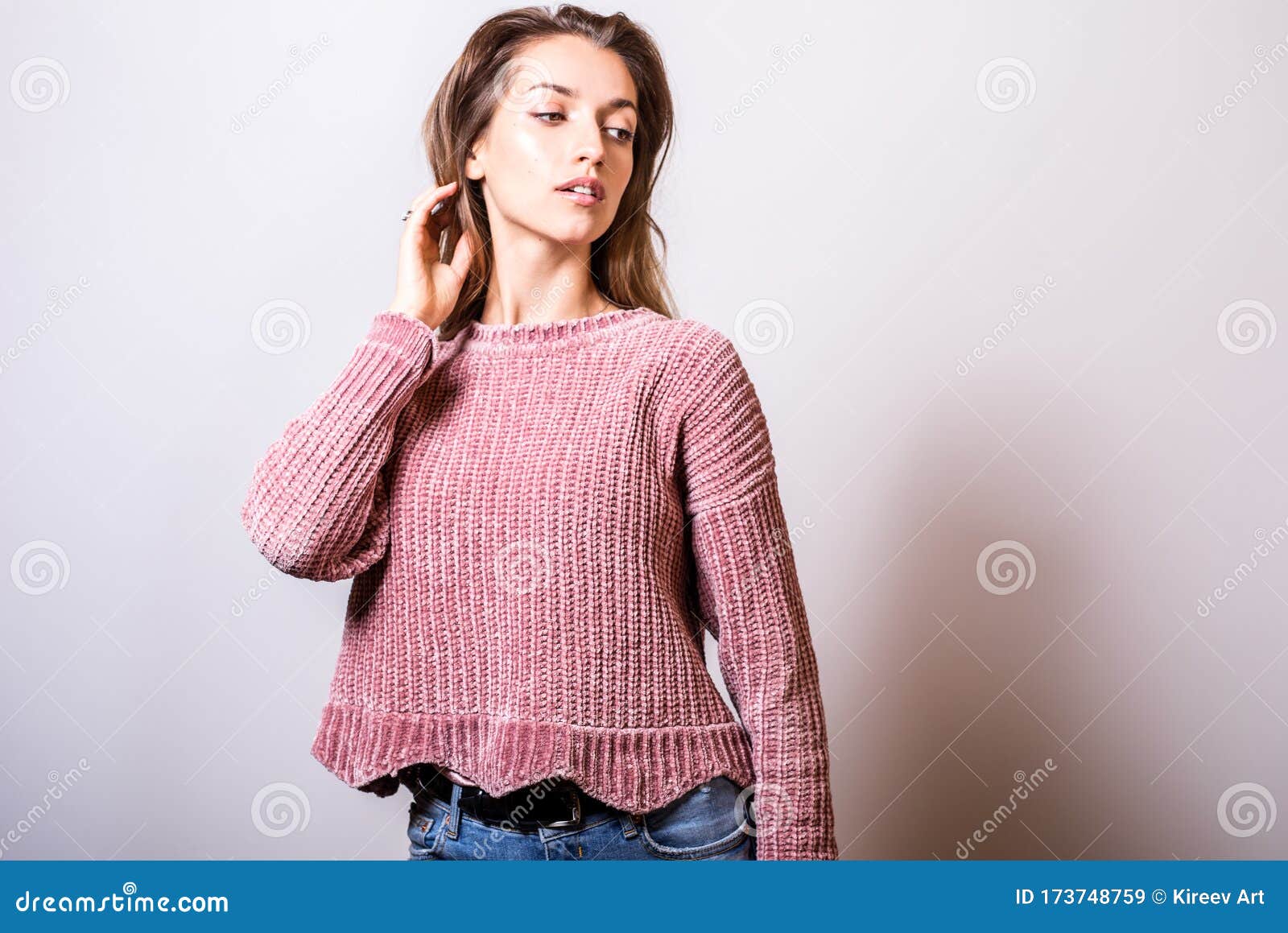 Young Model Woman in Sweater Pose in Studio. Stock Image - Image of ...