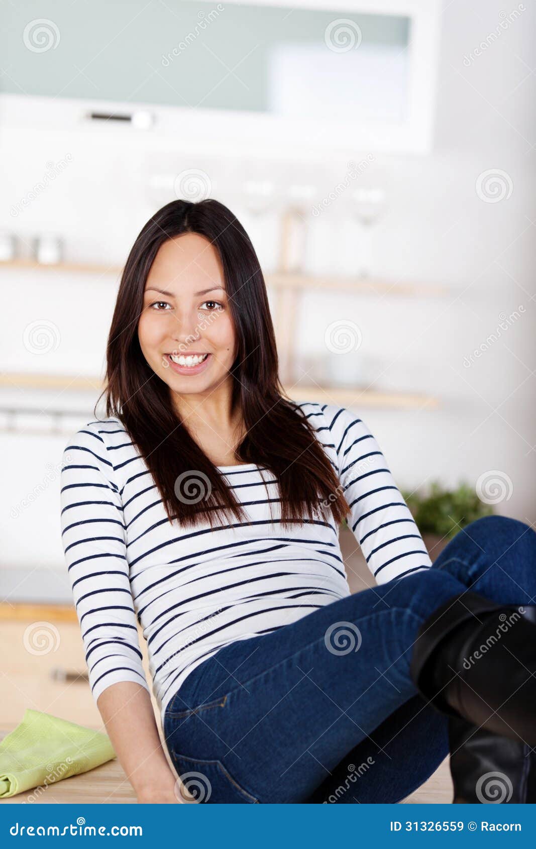 Young Modern Woman Sitting on Kitchen Table Stock Image - Image of ...
