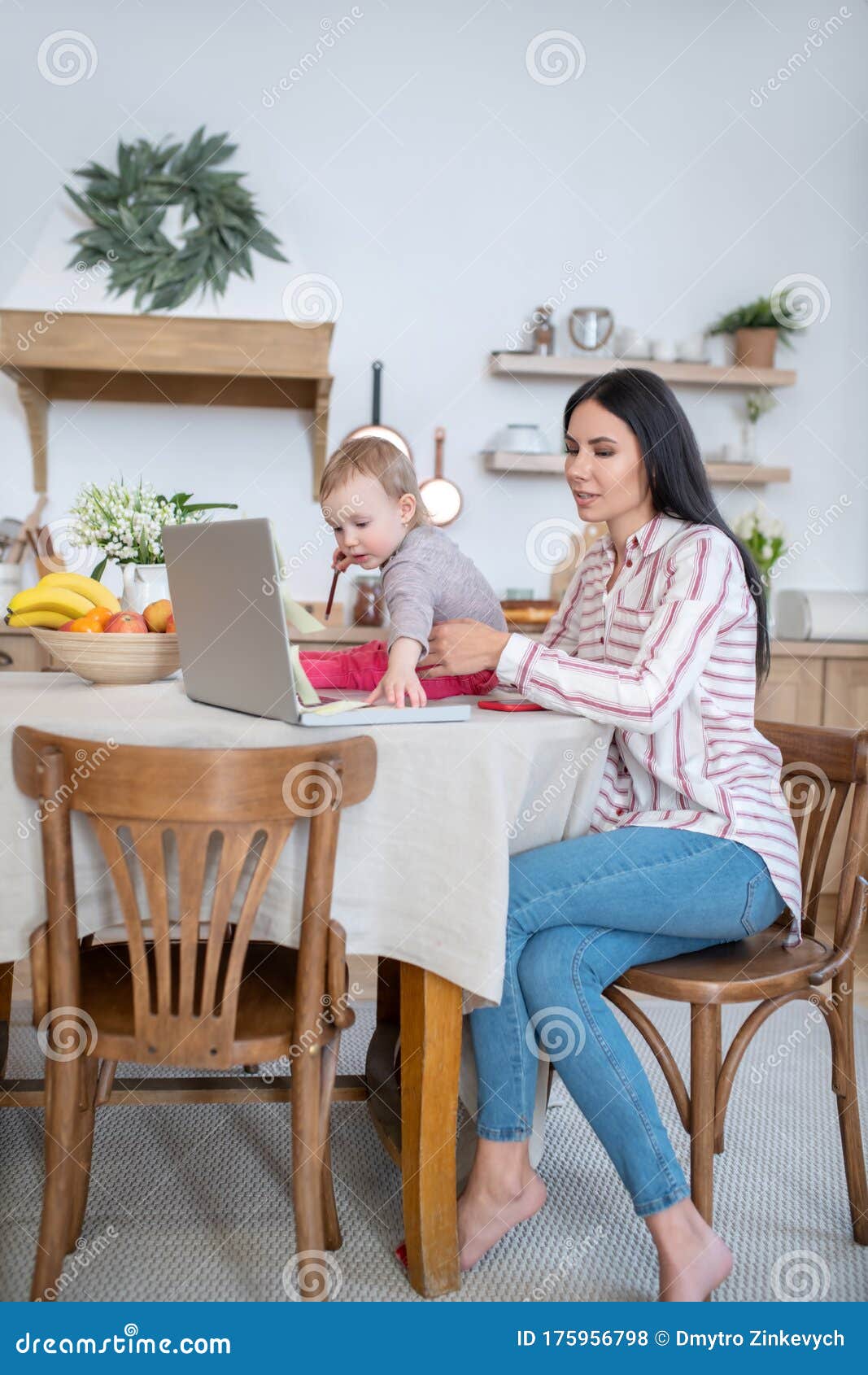 Young Mom Working at Laptop, Daughter Interfering Stock Photo - Image ...