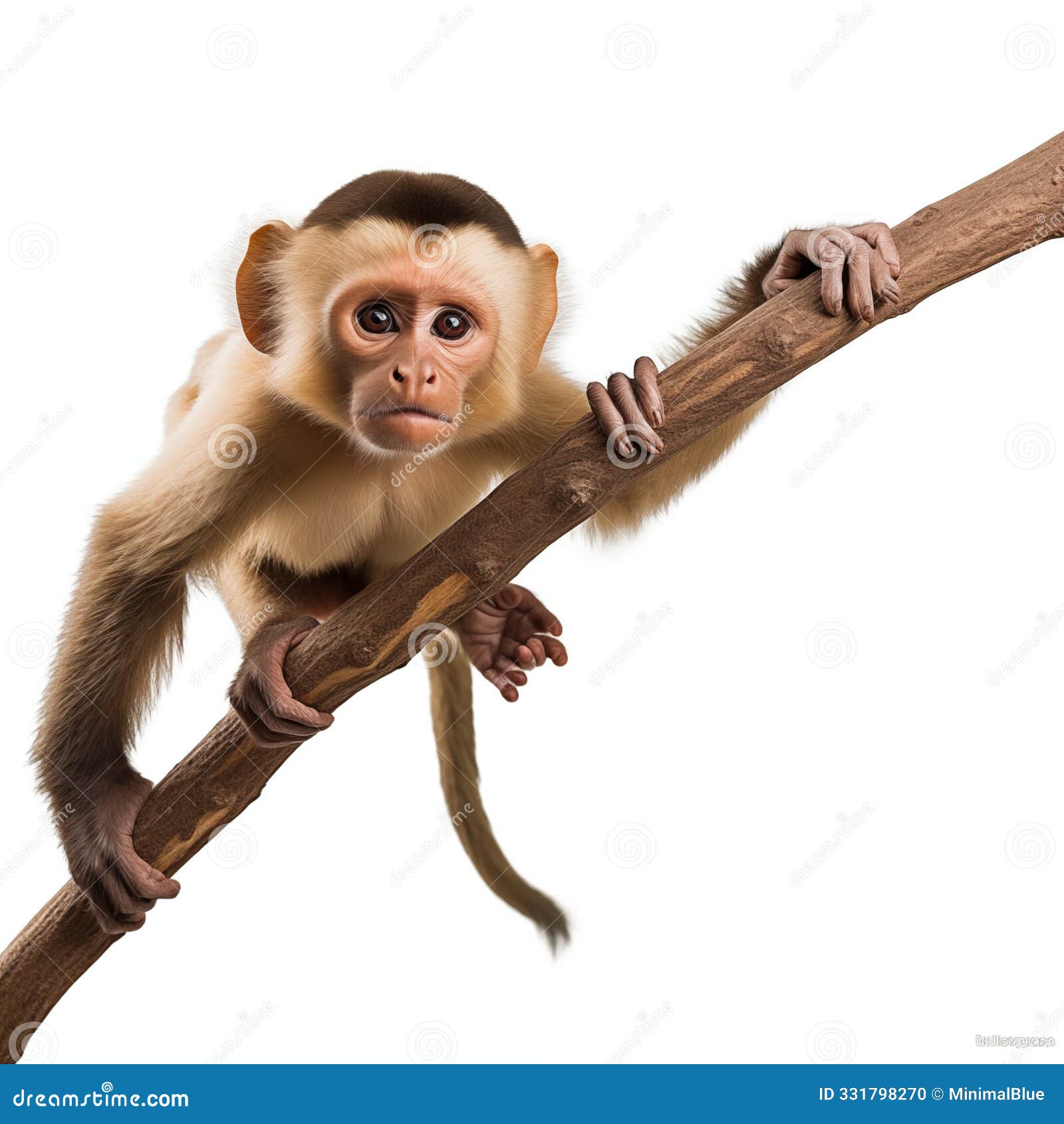 Young Monkey Climbing on Tree Branch Isolated on White Background Stock ...