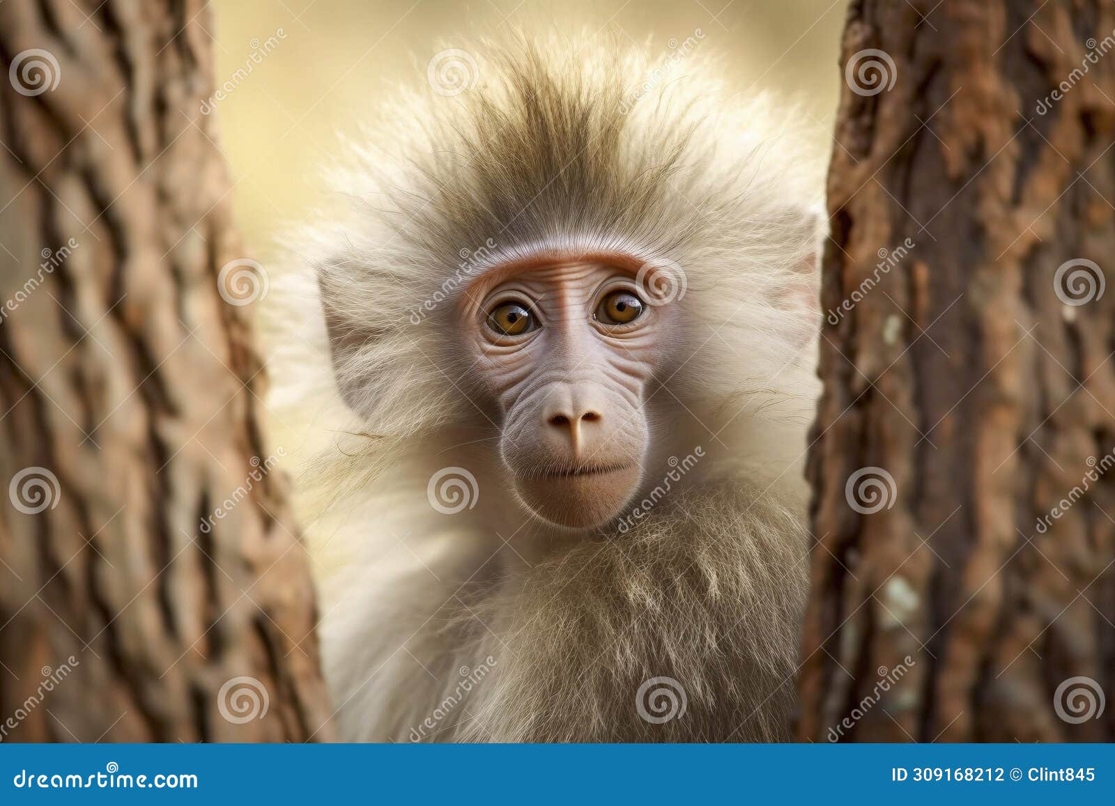 Young Monkey with Fuzzy Top Knot Peeking Out from Behind a Tree - AI ...