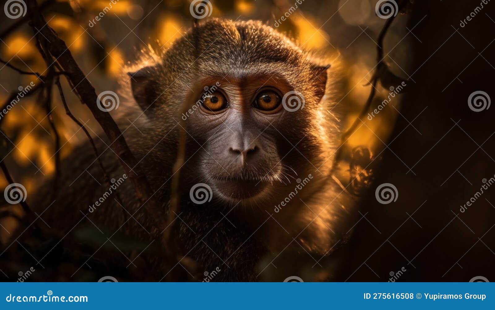 Young Monkey Sitting on Branch, Staring Ahead Generated by AI Stock ...