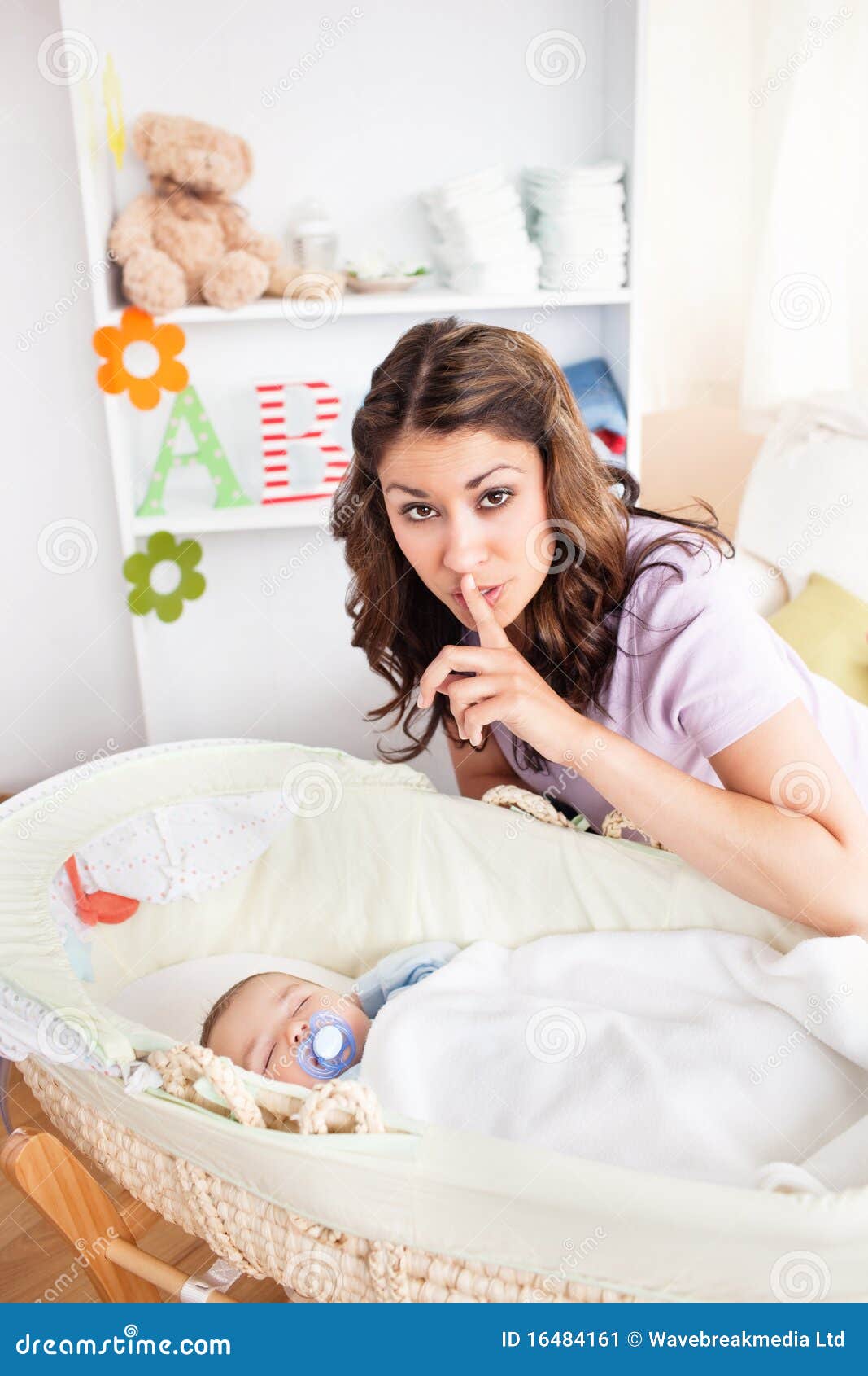 Young Mother Asking Silence while Baby Sleeping Stock Image - Image of ...