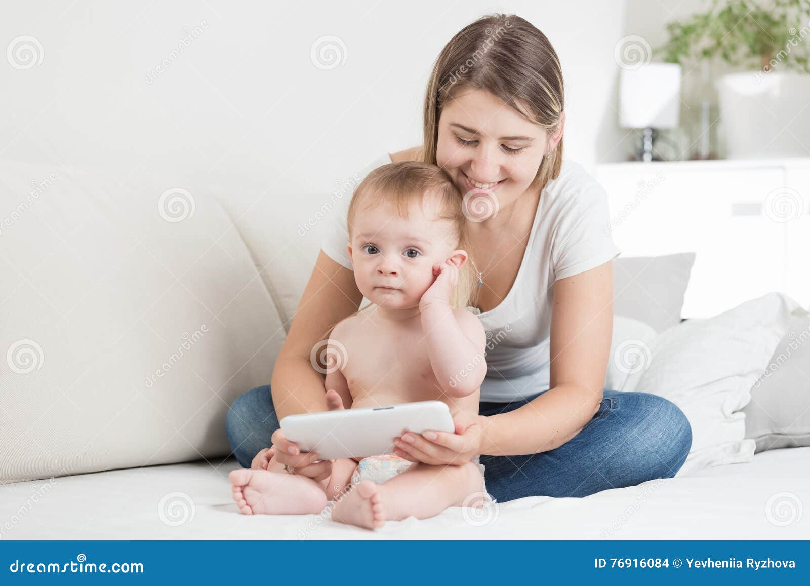 Young Mother and Baby Boy in Diapers Using Tablet Pc Stock Photo ...
