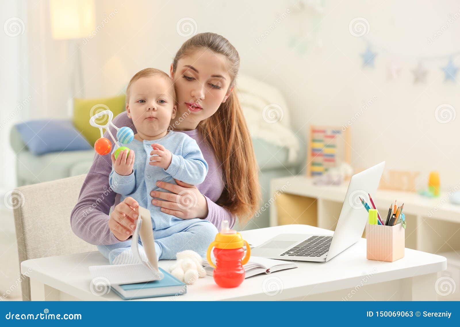 Young Mother with Baby Working at Home Stock Image - Image of child ...