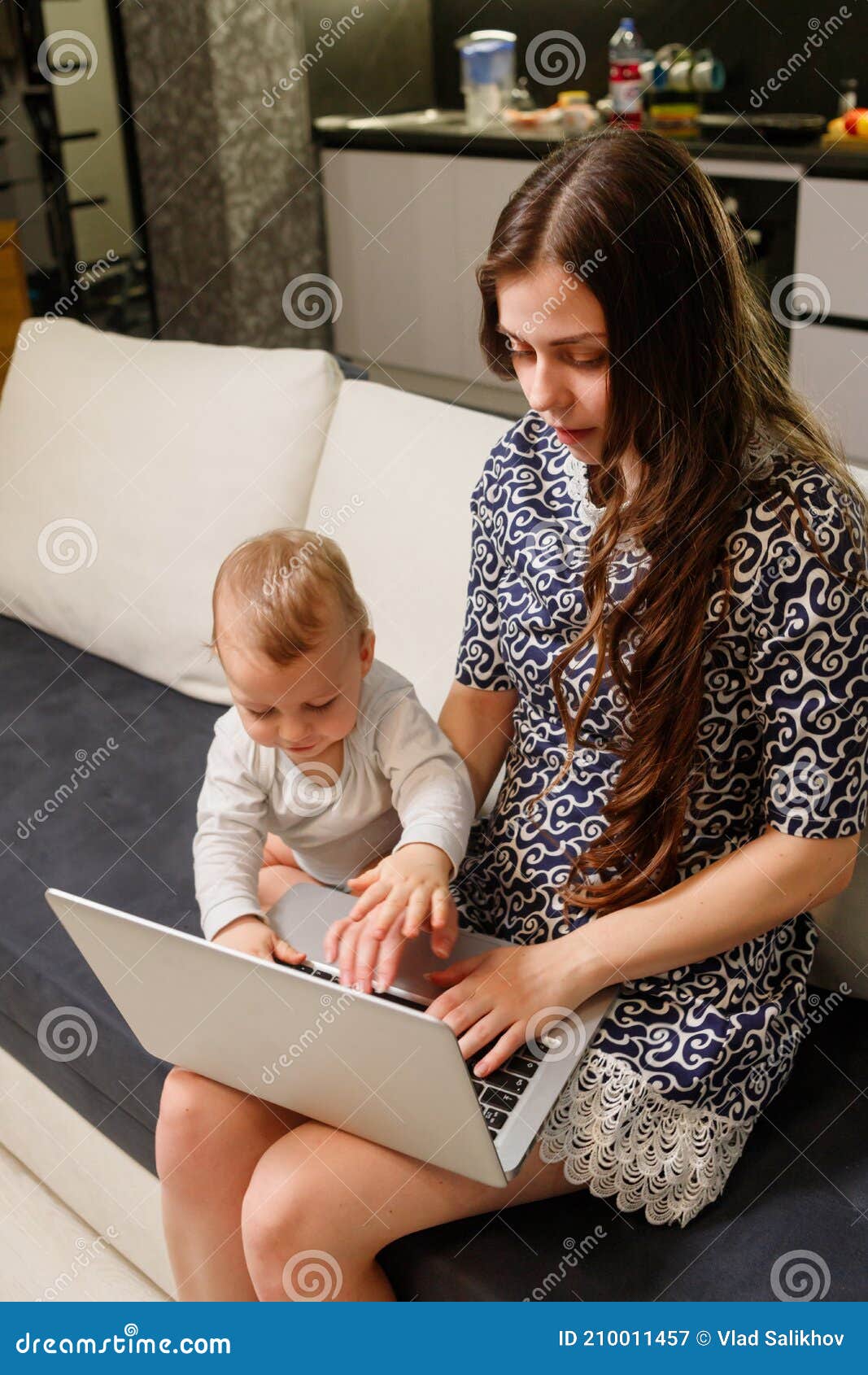 Young Mother Working with Baby on Laptop Stock Image - Image of love ...