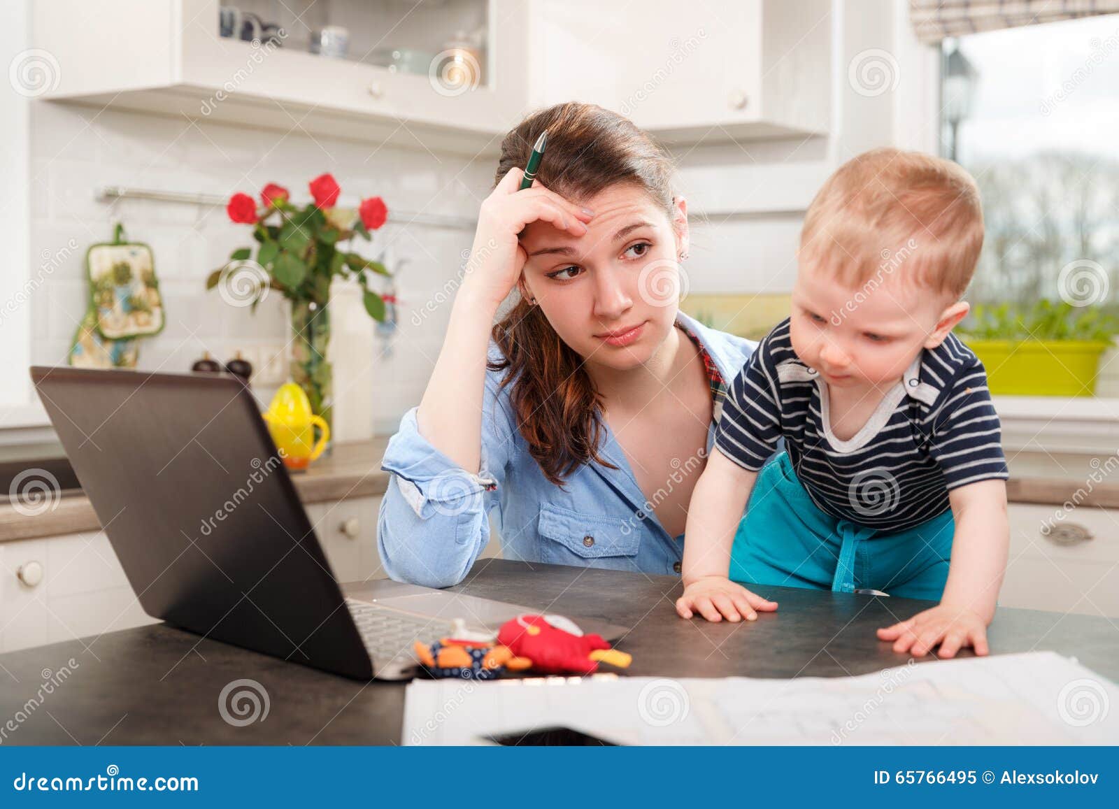 Young Mother Working with Her Baby Stock Image - Image of busy ...