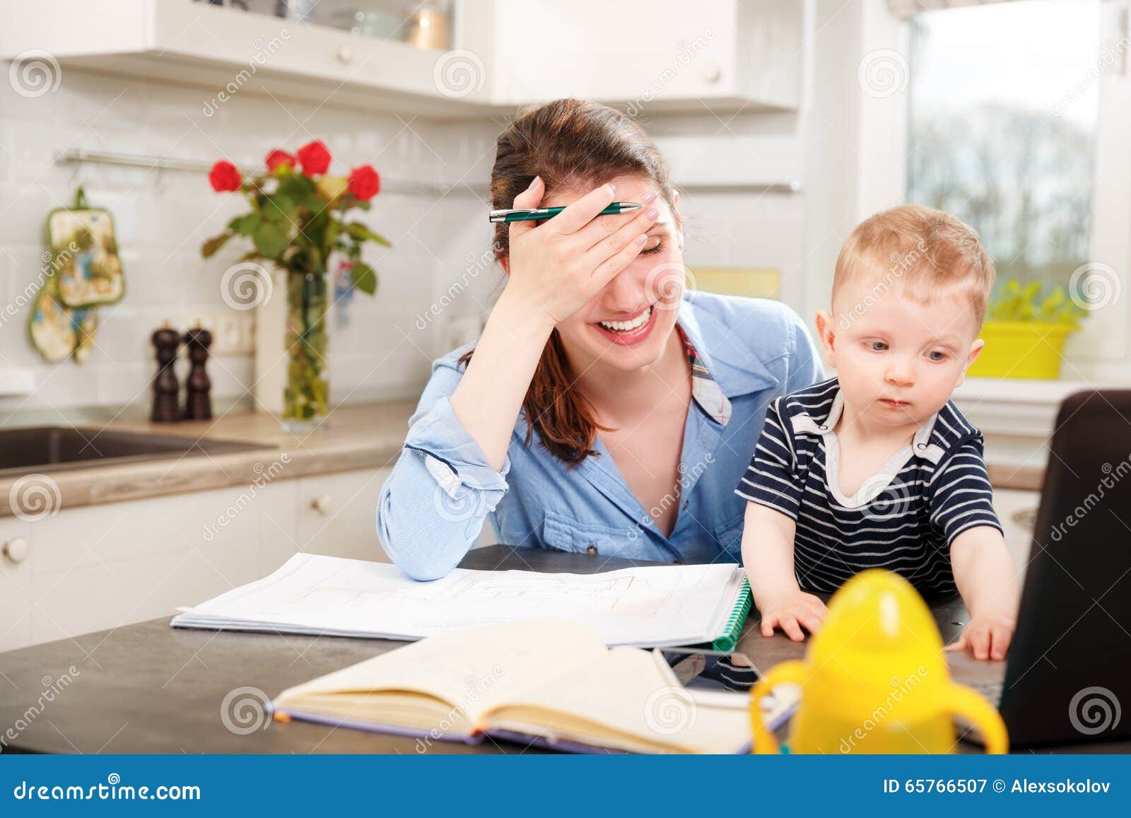 Young Mother Working with Her Baby Stock Image - Image of mother, child ...