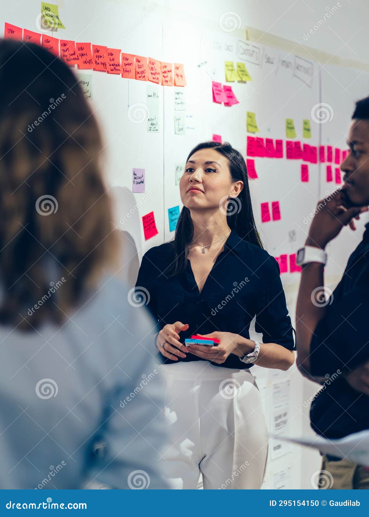 Young Multiethnic Colleagues in Formal Wear Briefing with Sticky Notes ...