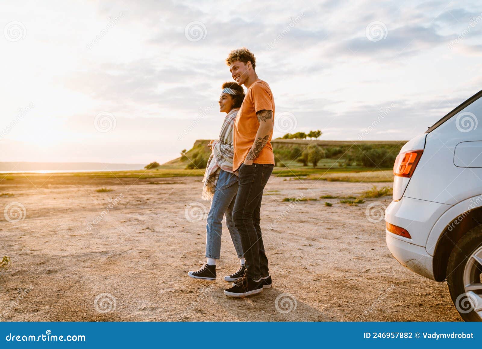 Young Couple Smiling and Hugging during Car Trip Stock Photo - Image of ...