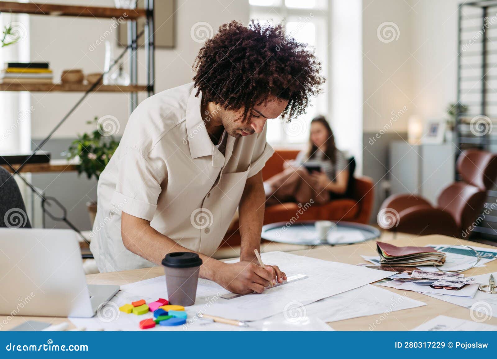 Young Multiracial Man Drawing Something in Designers Studio. Stock ...