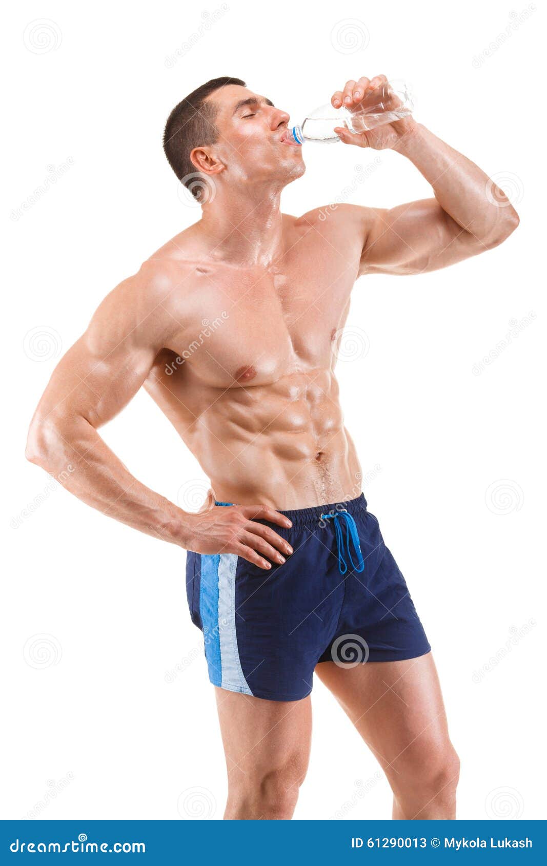 Young Muscular Man Drinking Water, Isolated on White Background Stock ...