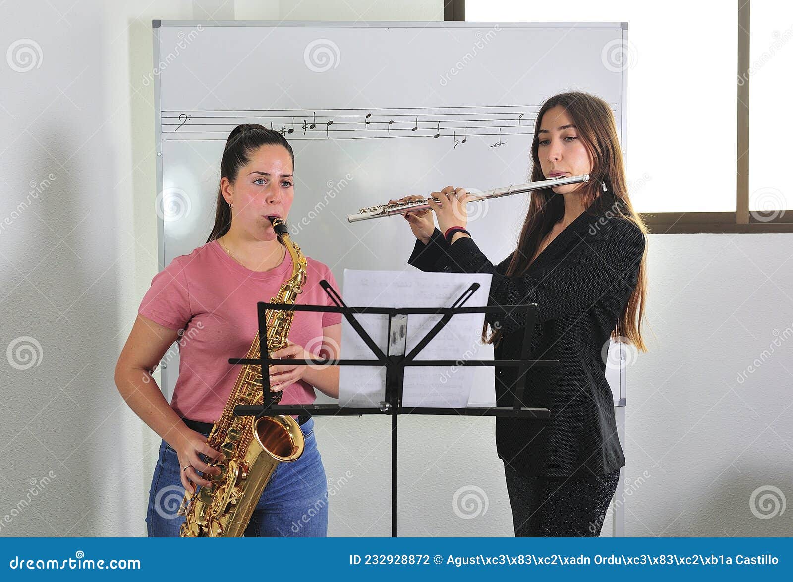 Young Music Students Study Sheet Music Lesson in the Classroom. Stock ...