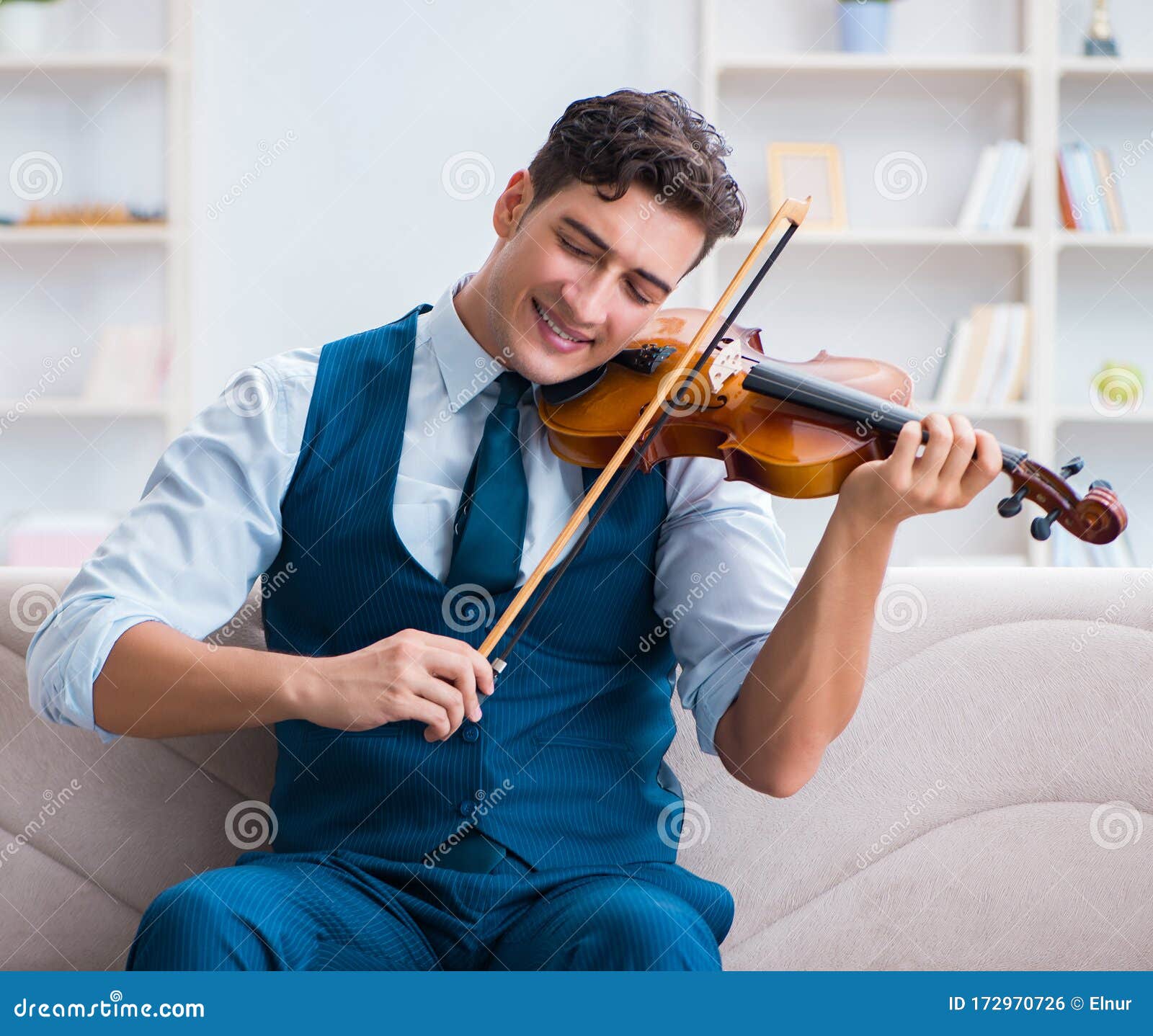 Young Musician Man Practicing Playing Violin at Home Stock Photo ...