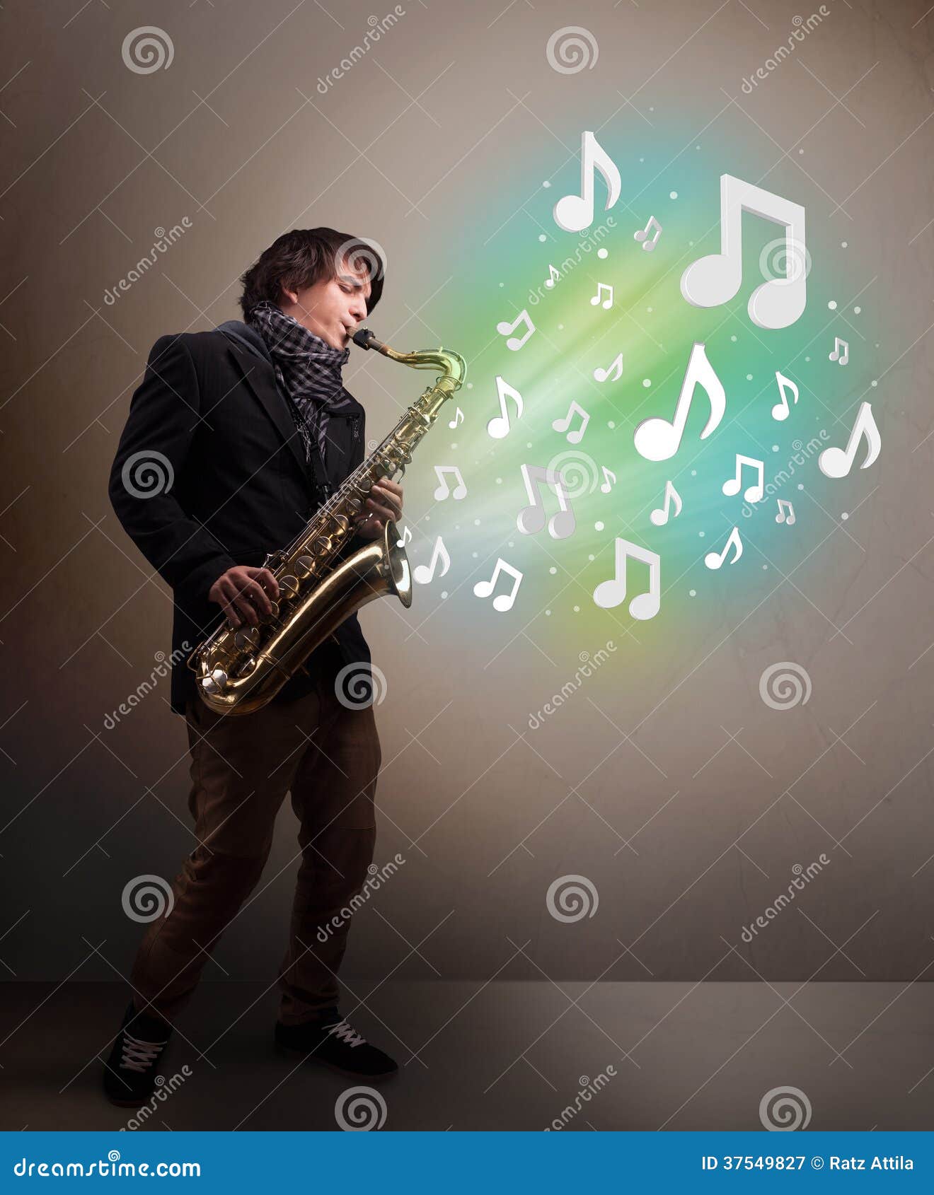Young Musician Playing on Saxophone while Musical Notes Exploding Stock ...