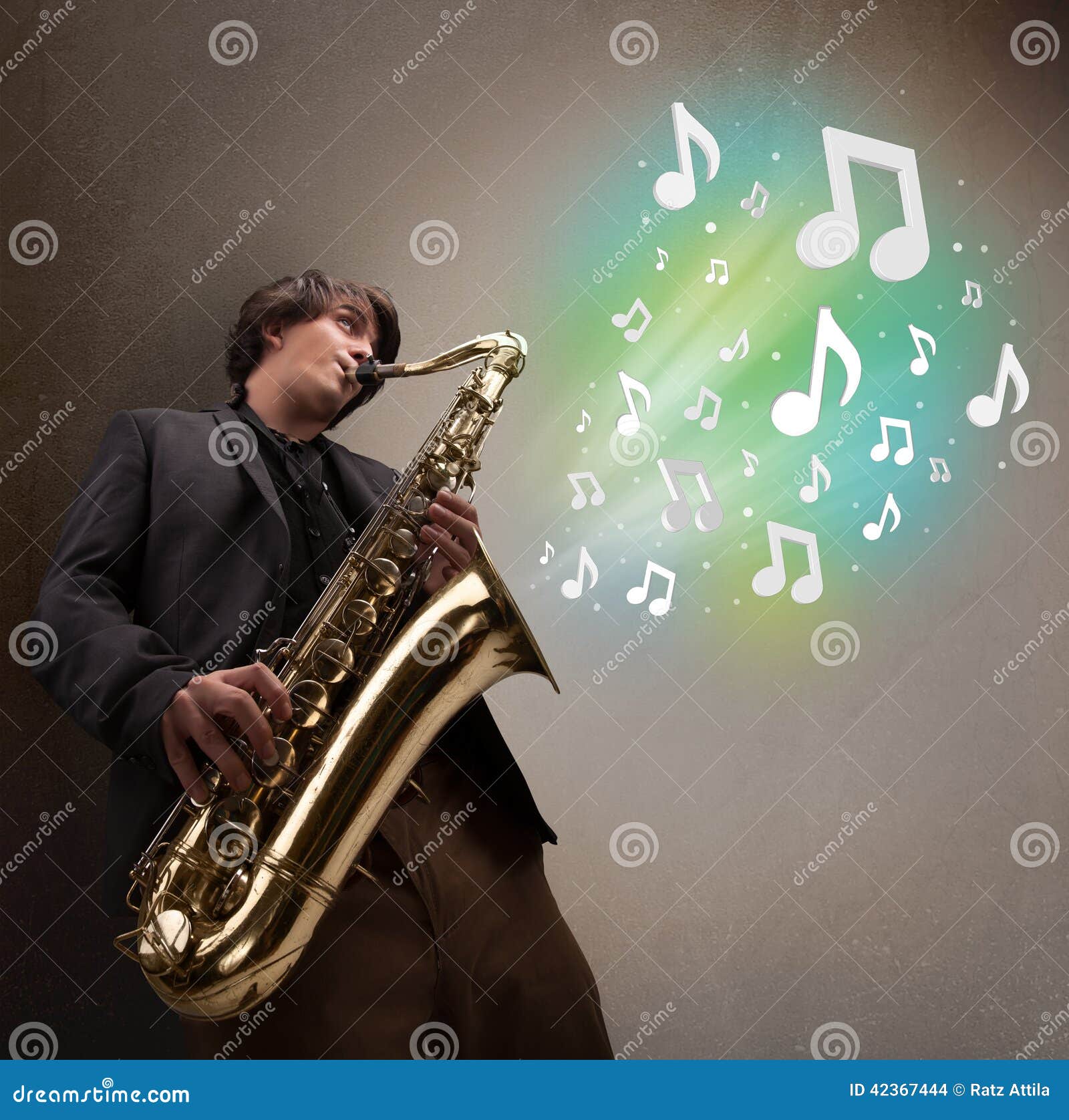Young Musician Playing on Saxophone while Musical Notes Exploding Stock ...