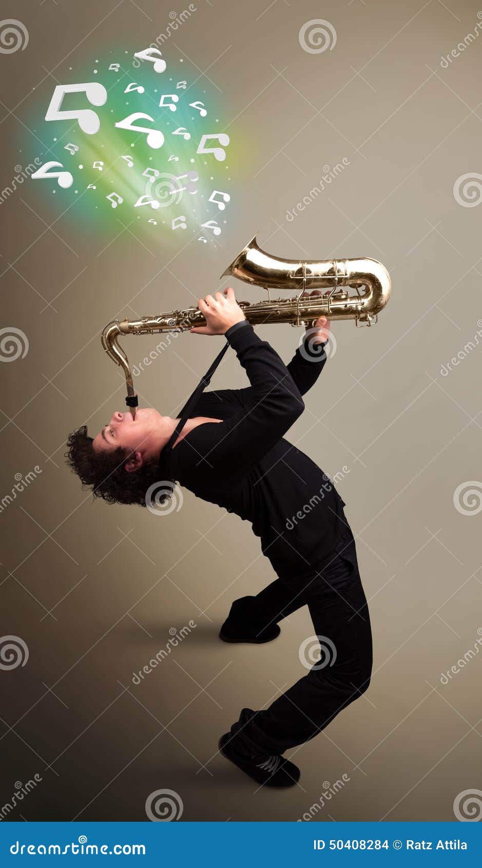 Young Musician Playing on Saxophone while Musical Notes Exploding Stock ...