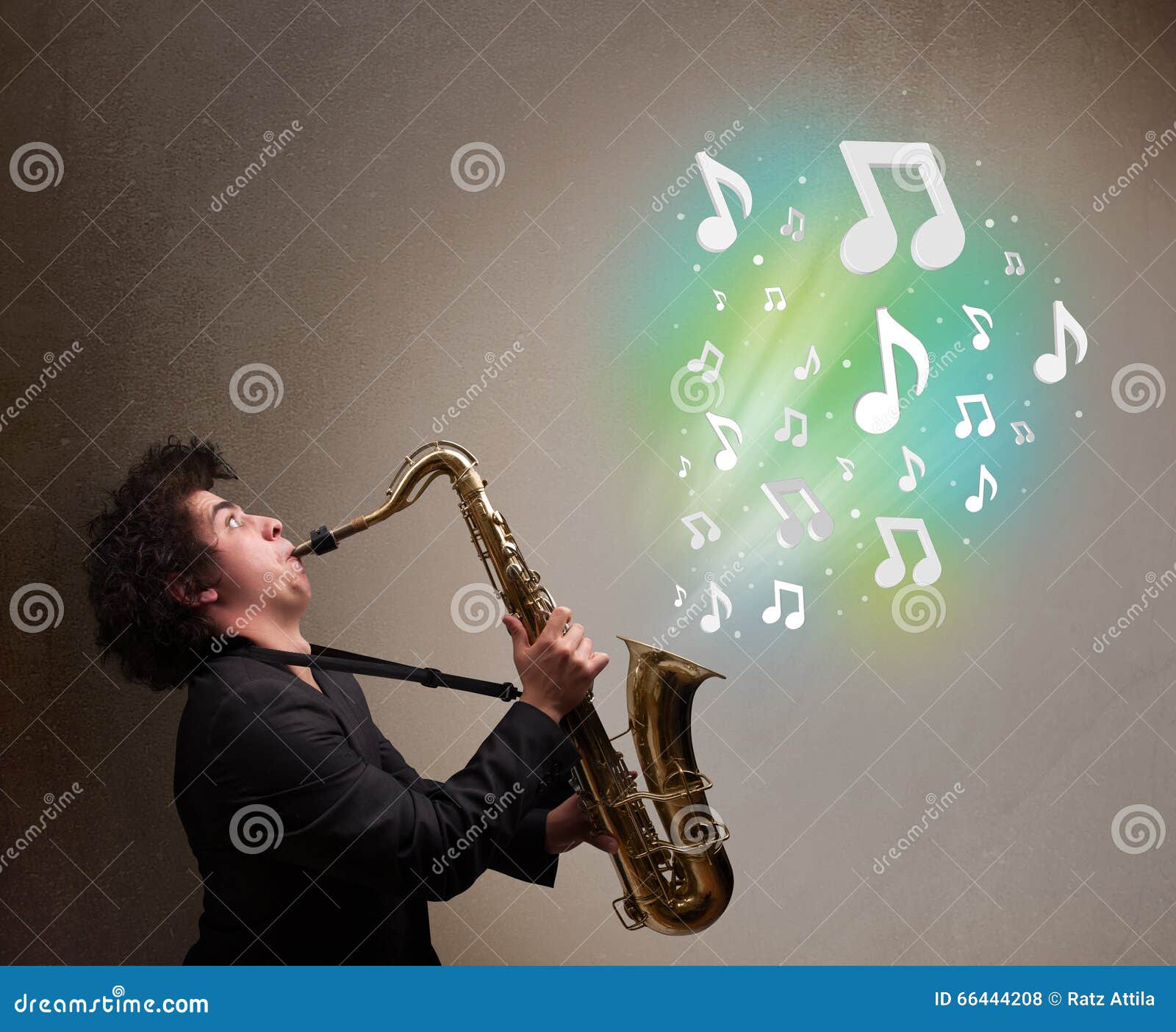 Young Musician Playing on Saxophone while Musical Notes Exploding Stock ...