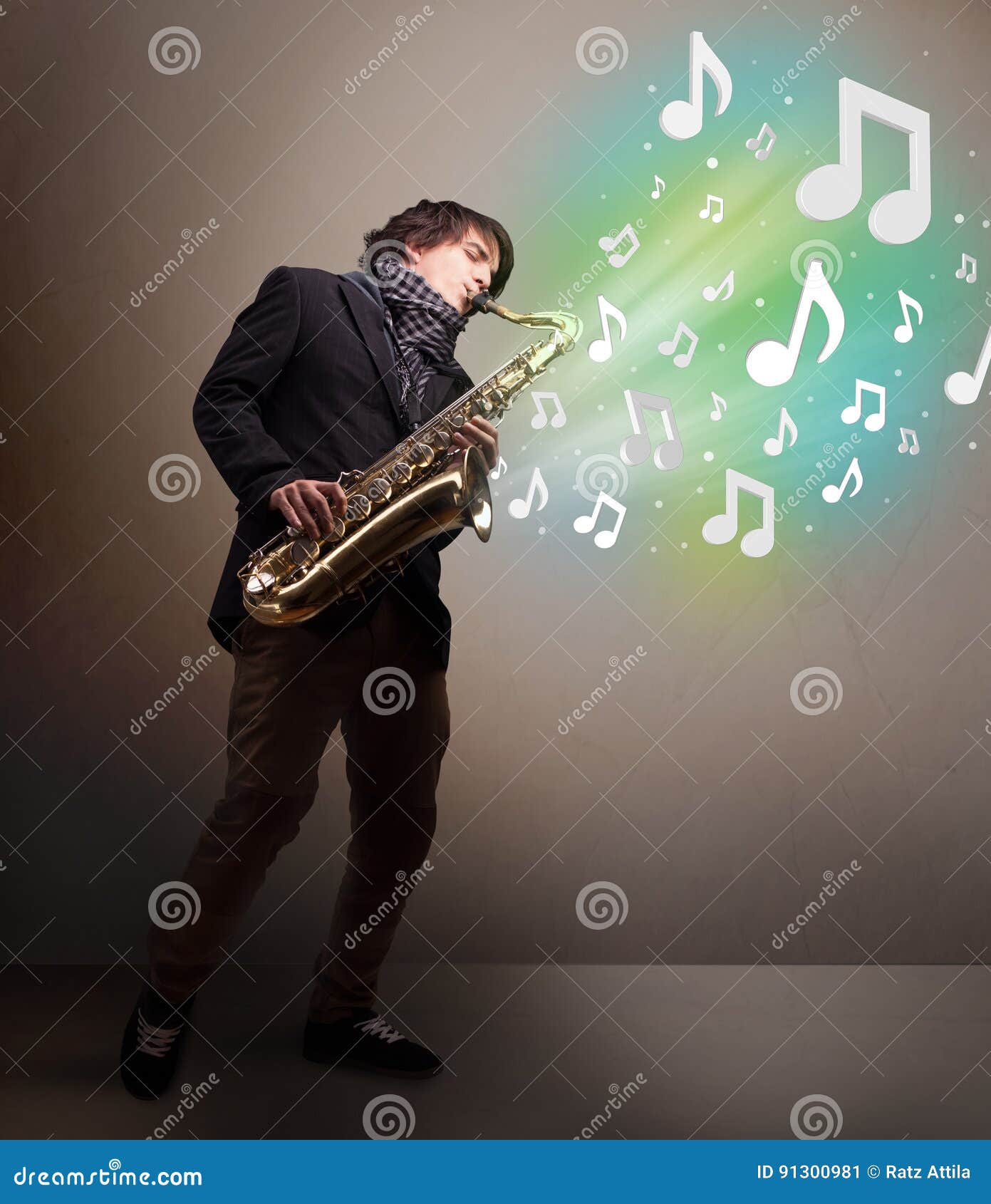 Young Musician Playing on Saxophone while Musical Notes Exploding Stock ...