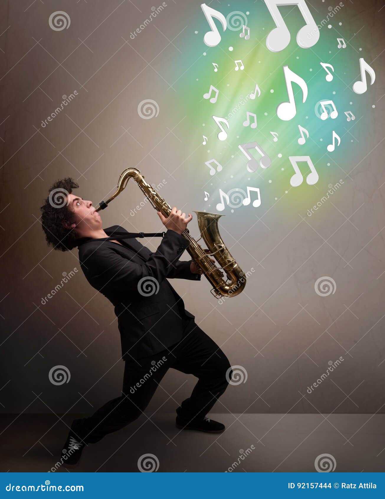Young Musician Playing on Saxophone while Musical Notes Exploding Stock ...
