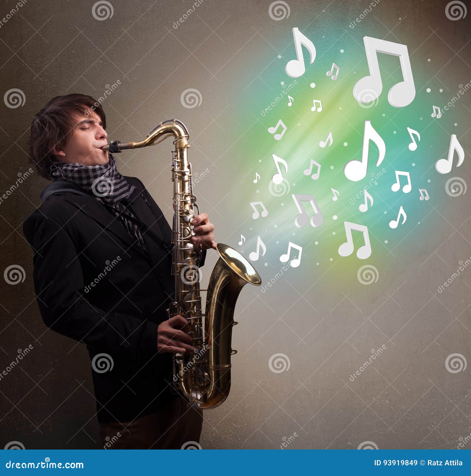 Young Musician Playing on Saxophone while Musical Notes Exploding Stock ...