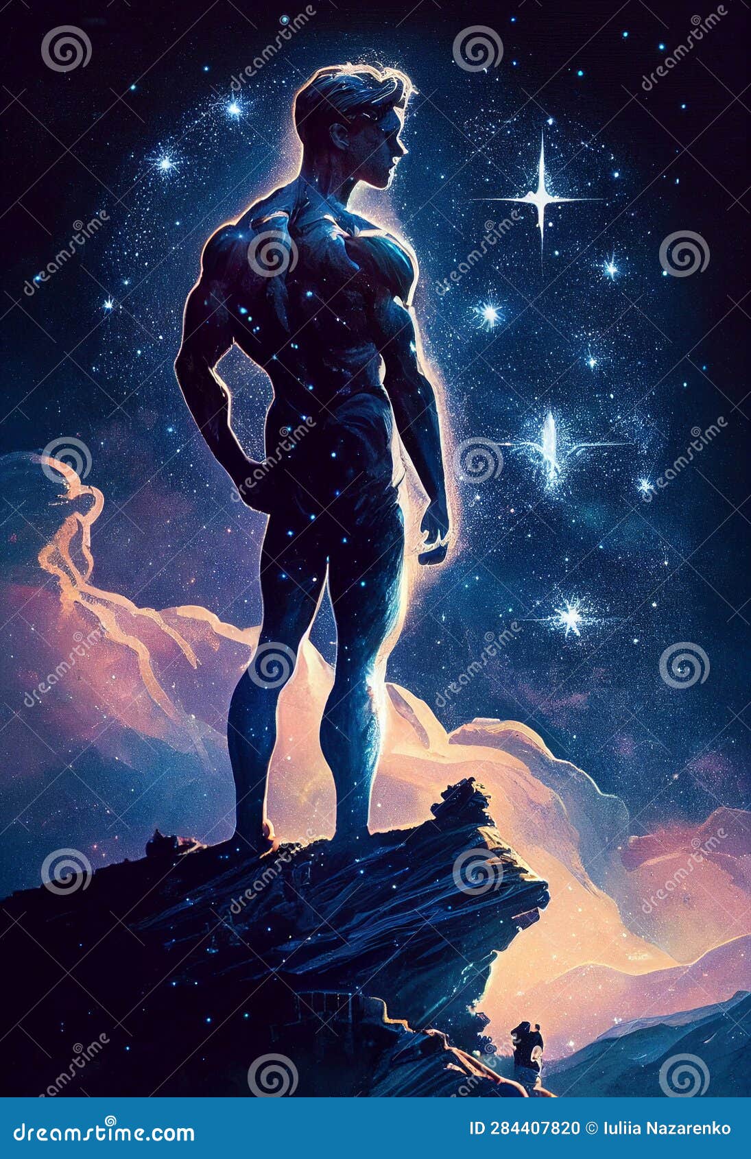Young Mythical Man Looking at the Stars on Top of the Hill. AI ...